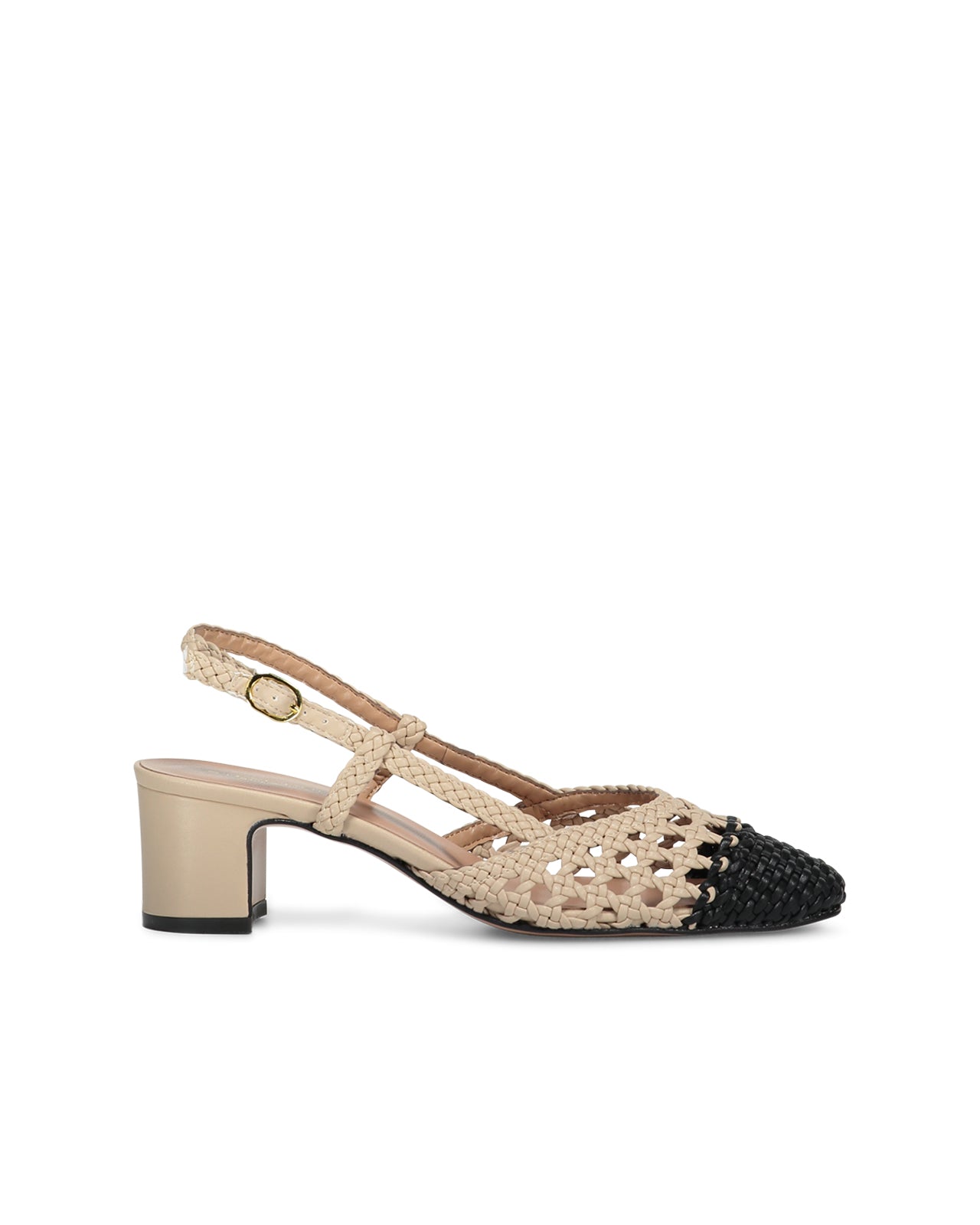 Steve Done | Beige + black faux leather perforated slingback – lemlò